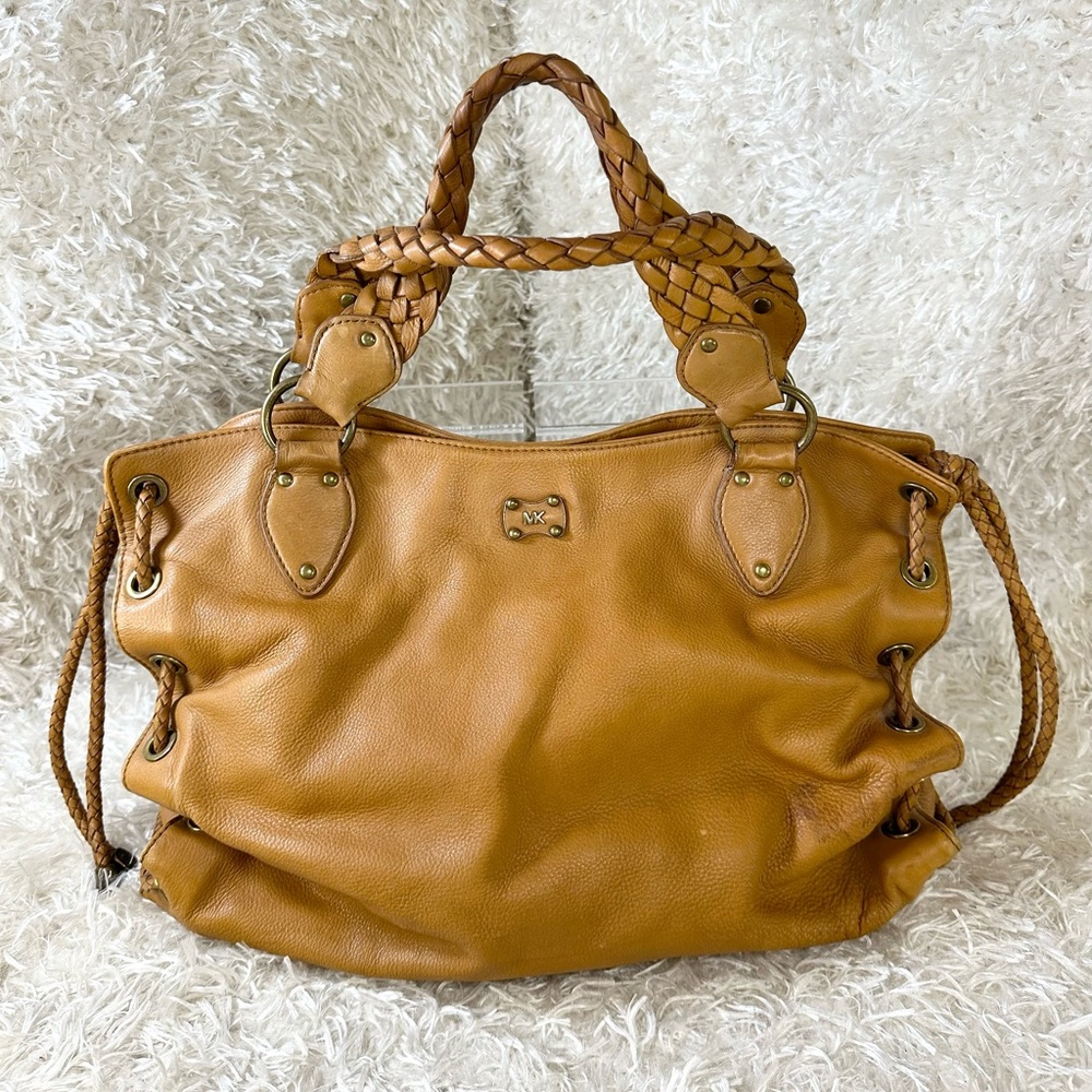 Michael Kors Woodside Braided Leather Cognac Handbag - Gem